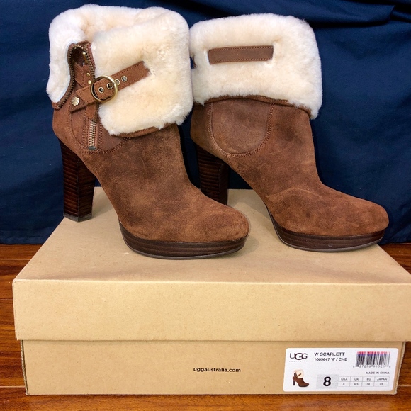 UGG | Shoes | Ugg Brown Leather Scarlett Heel Booties | Poshmark